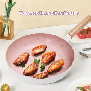 Tauvirboff Nonstick Frying Pan Skillet, 7.8 Inch Pink Egg Omelette Pan With Hook, Aluminum Saute Pan with Wood Handle, Flat Bottom Wok Suitable for Gas, Induction, Electric Stove, PFOA Free (Pink)