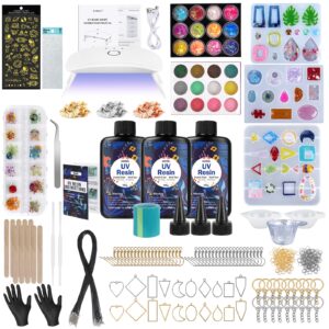 uv resin jewelry making kit, 300g crystal clear resin with light and molds, diy jewelry making resin kit, resin starter kit for keychain and earring making