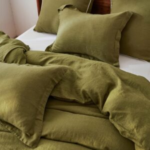 Generic Olive Green Color Linen Duvet Cover 3 PCS Set, Custard Boho Bedding Duvet Cover Uo Bedding Washed Duvet Cover Queen King Twin Double Bedding Set Linen Duvet Cover Set (California King 98X104)