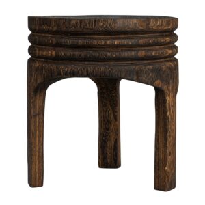 Creative Co-Op Round Paulownia Wood Carved Stool with Charred Finish, Natural