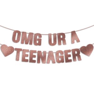 junyruny omg ur a teenager rosegold glitter banner, 13th birthday party decorations, mean party decorations, 13th birthday decorations for girls, 13-year-old girl decor