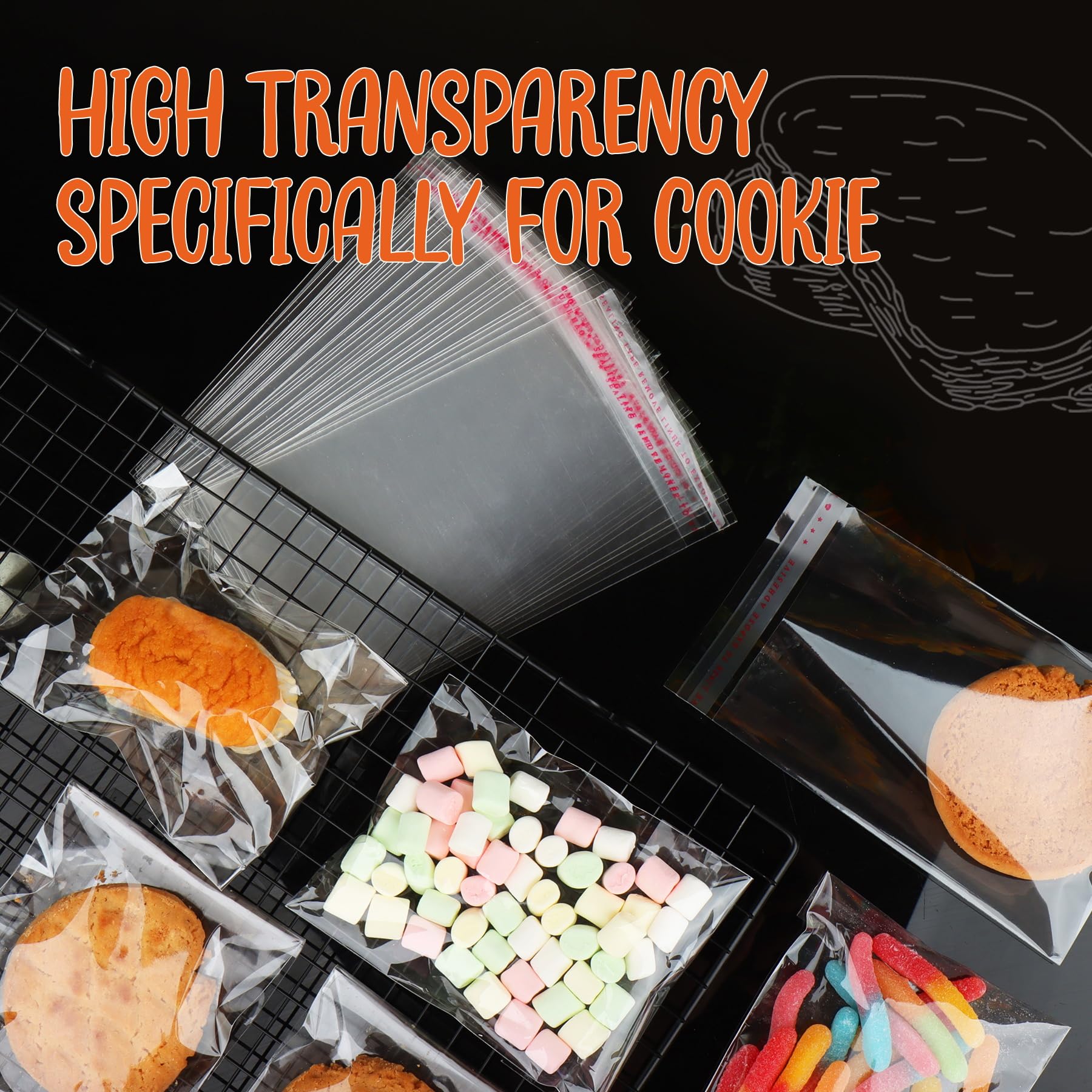 Horbin Self Sealing Cellophane Bags 4x6 Inches, 200 Pcs Clear Cookie Bags, Resealable Treat Bags for Fresh Cookies, Candy, Gifts, and Party Favors Bags.