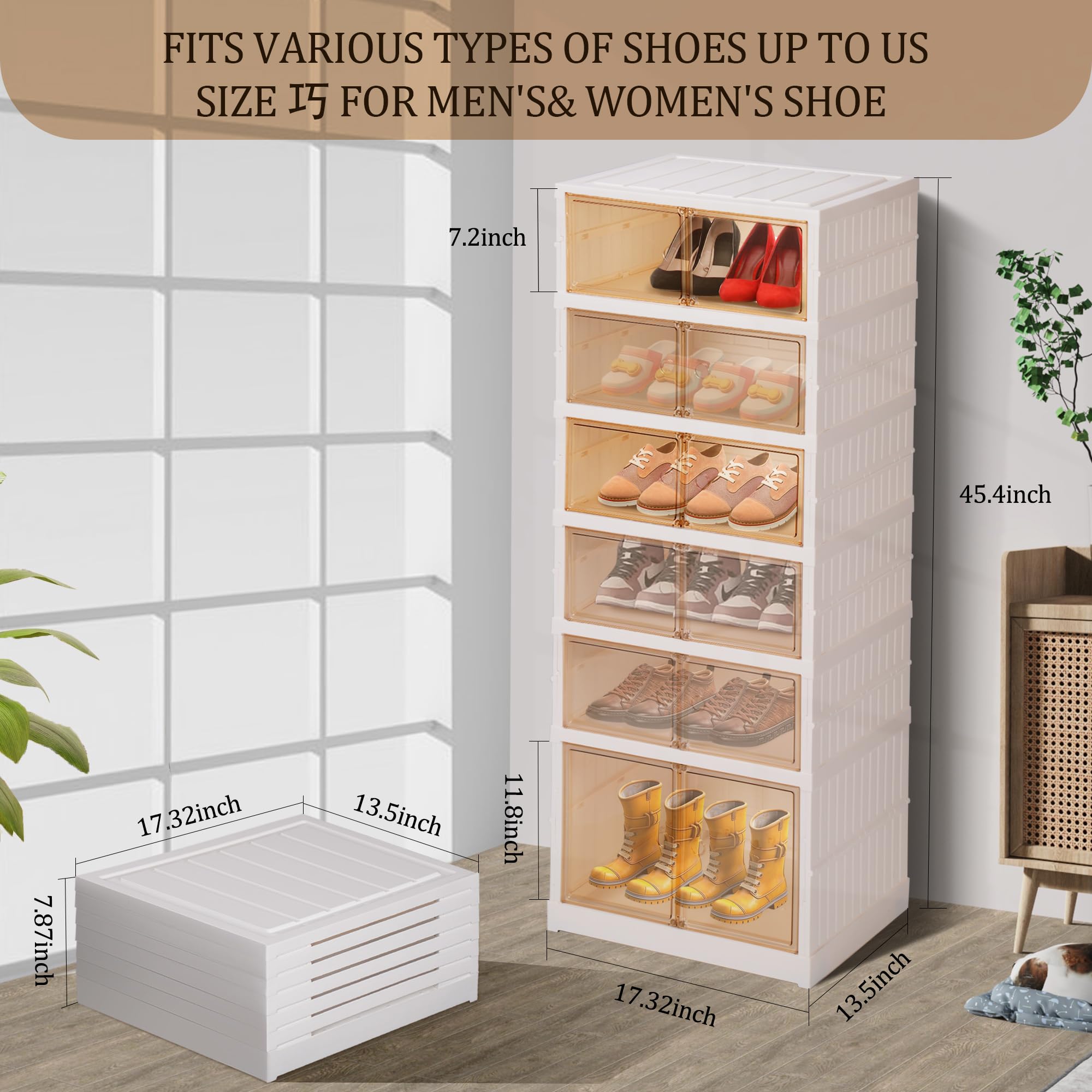 6-Tier Foldable Shoe Rack Organizer Portable Shoe Cabinet with Magnetic Clear Door, Shoes Storage Boxes for Living Room Closet Bedroom