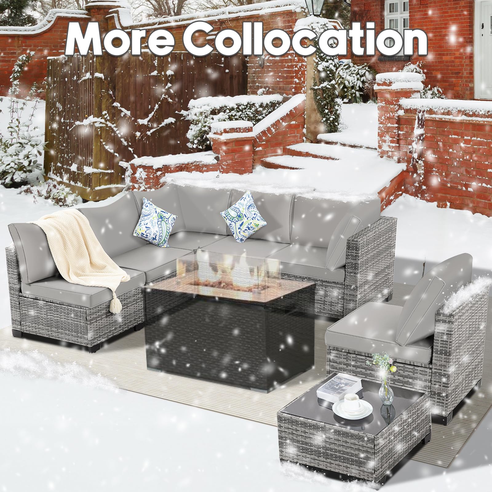 HYDRAGARDEN 7 Pieces Outdoor Sectional Sofa Sets Rattan Wicker Patio Conversation Sets All Weather Patio Furniture Sets with Cushions and Glass Table for Garden Balcony Backyard, Gray/Gray