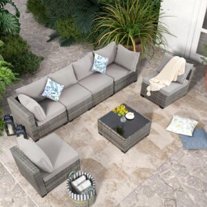 HYDRAGARDEN 7 Pieces Outdoor Sectional Sofa Sets Rattan Wicker Patio Conversation Sets All Weather Patio Furniture Sets with Cushions and Glass Table for Garden Balcony Backyard, Gray/Gray