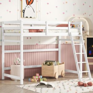 harper & bright designs twin size loft bed frame,wooden kids loft bed with inclined ladder & full-length guardrail, high loft bed for teens girls boys, space-saving, white