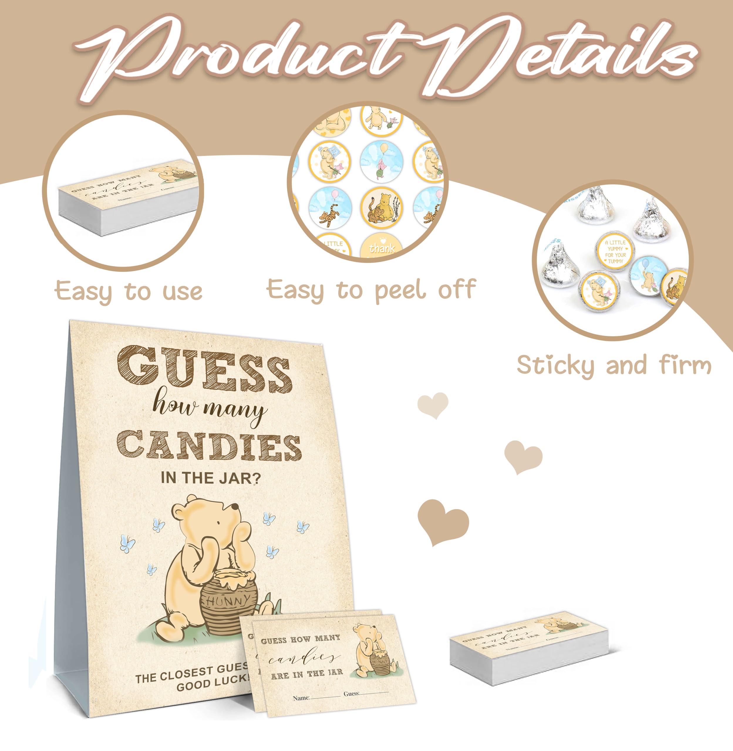 Winnie Guess How Many Candies Baby Shower Games, How Many Candies Standing Sign 50 Guessing Cards 180 Baby Shower Winnie Candies Stickers, Guess How Many Candies Winnie the Pooh Baby Shower Games