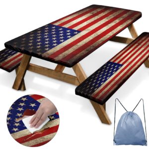 britown american flag vintage picnic table cover with bench covers, military fitted rectangle table cover, outdoor patio camping essentials 6ft 3pcs, camping fitted tablecloth with drawstring bag