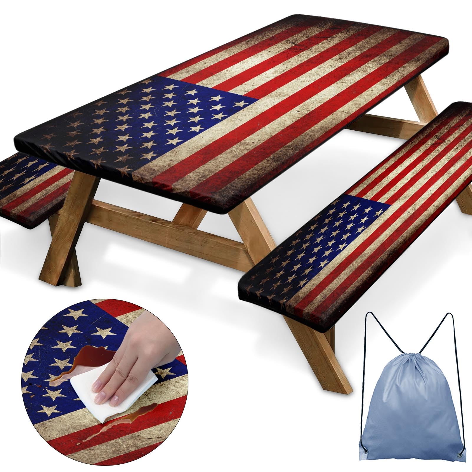 Britown American Flag Vintage Picnic Table Cover with Bench Covers, Military Fitted Rectangle Table Cover, Outdoor Patio Camping Essentials 6FT 3PCS, Camping Fitted Tablecloth with Drawstring Bag