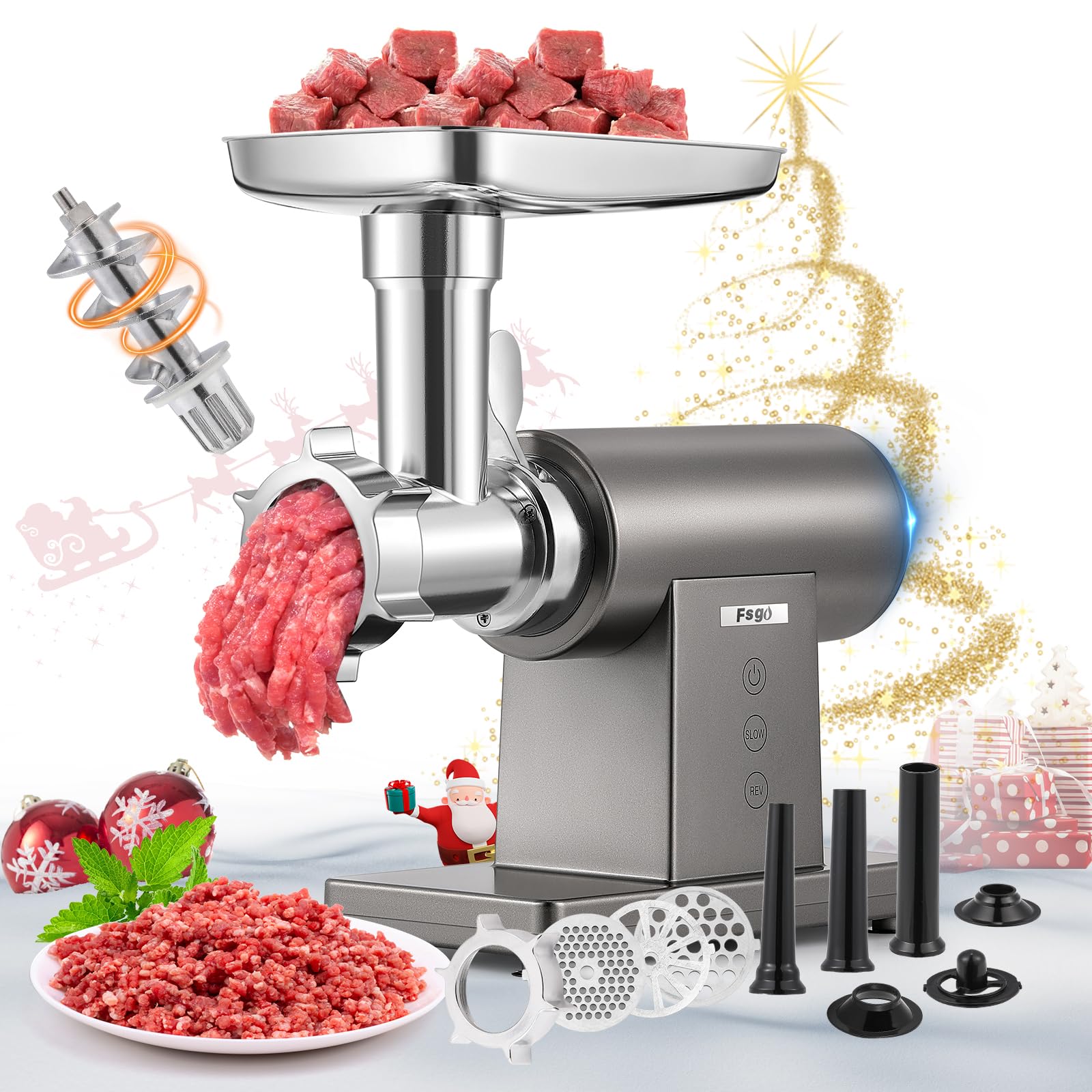 Flyseago Meat Grinder Electric 3200W Heavy Duty Meat Mincer Chopper Machine Touch Control Multifunctional with Cutting Blade 3 Grinding Plates 3 Sausage Stuffers Kubbe Kit for Household&Commercial