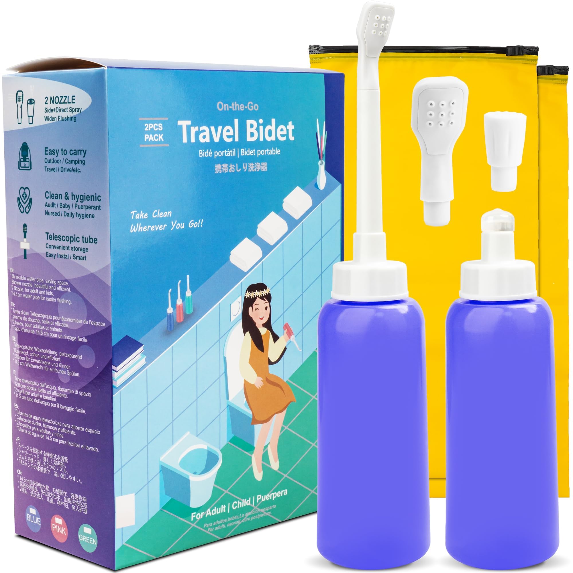 Portable Bidet 17oz Large Capacity Personal Travel Bidet Toilet 500ml Handheld Bidet for Traveling, Personal Hygiene, Postpartum, Perineal Care, 2PCS(Blue)