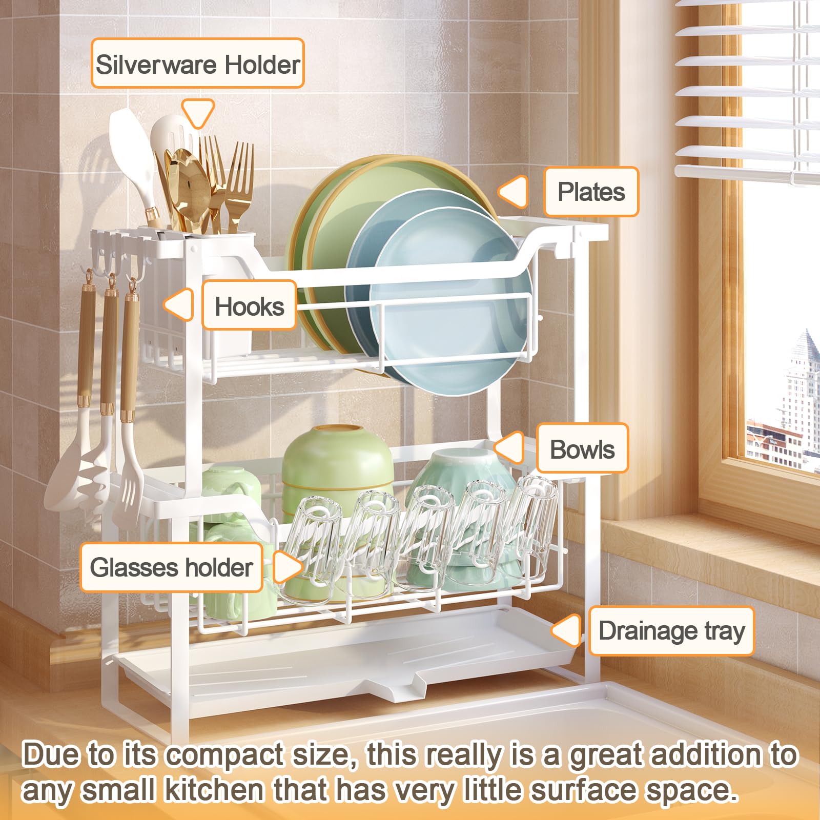 KOSIWU Dish Rack with Drainboard, Organizes Dishes and Bathroom Items for Narrow Spaces, Two-Story Drying Rack Fits 12 Plates 12 Bows 5 Glasses 4 Hooks and Some Cutlery, White