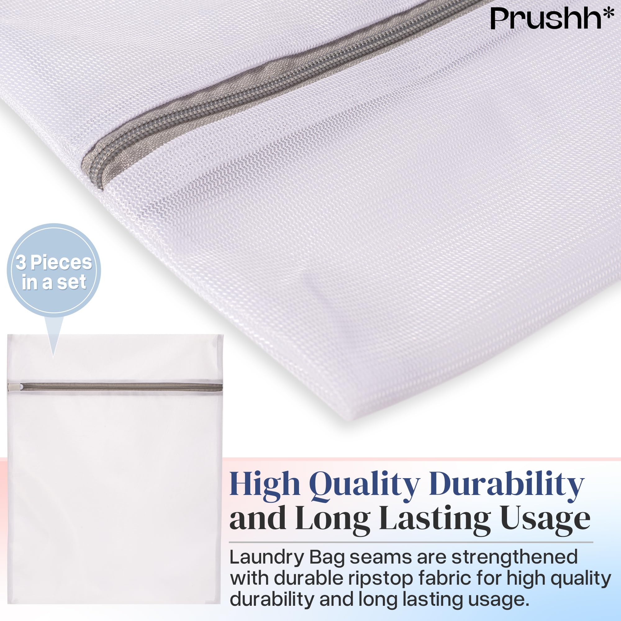 Prushh 3Pc Spacious Durable Mesh Laundry Bags (16x20 Inches) Protects Delicates, Fine Mesh for Uniform Wash & Dry, Auto-Lock Zipper, Washer-Friendly, For Home, Dorm or Storage, Fits Socks to Sweaters