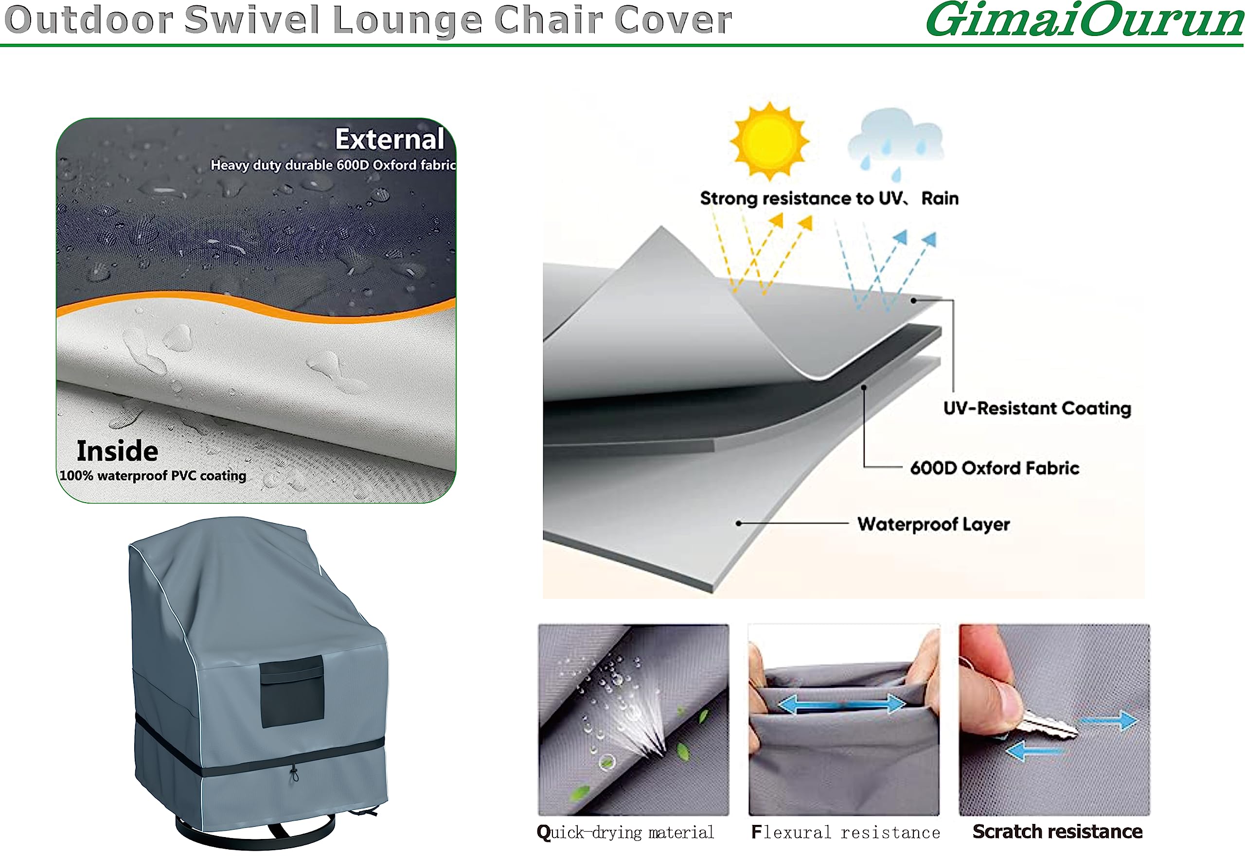 GimaiOurunOutdoor Swivel Lounge Chair Cover 1 Set, Waterproof Heavy Duty Outdoor Chair Cover, Outdoor Lawn Patio Furniture Rocking Chair Cover, (30 W x 35 D x 38.5 H inches), Gray