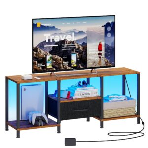 jarhetun tv stand with led lights, entertainment center with open shelves and fabric drawer, media console for 55 inch tv, television stands, living room furniture, bedroom, rustic brown