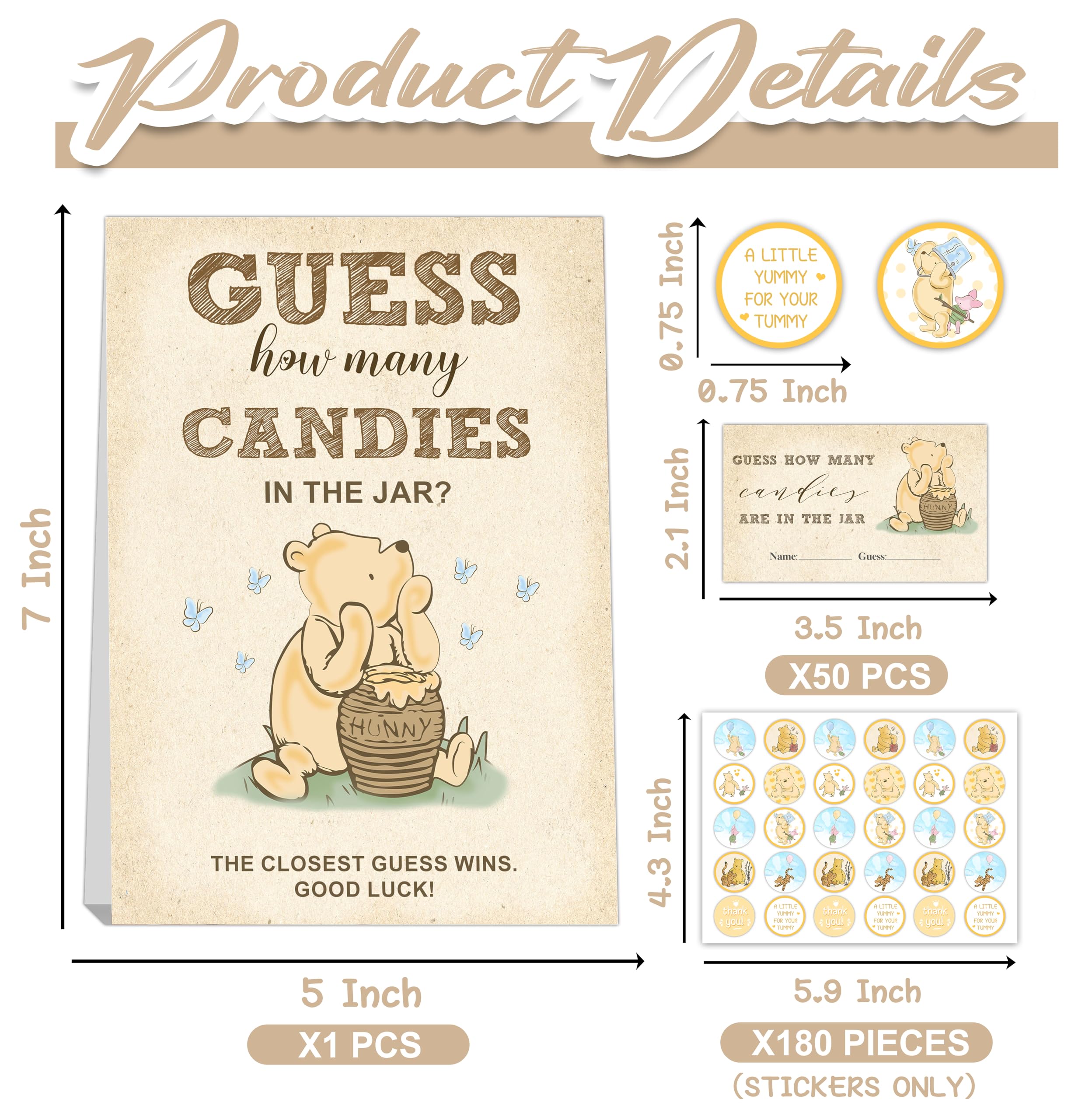 Winnie Guess How Many Candies Baby Shower Games, How Many Candies Standing Sign 50 Guessing Cards 180 Baby Shower Winnie Candies Stickers, Guess How Many Candies Winnie the Pooh Baby Shower Games