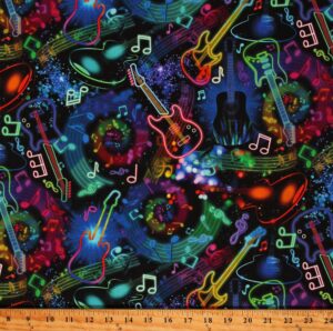 timeless treasures cotton neon music notes & guitars musical instruments black cotton fabric print by the yard (music-cd2978-black)