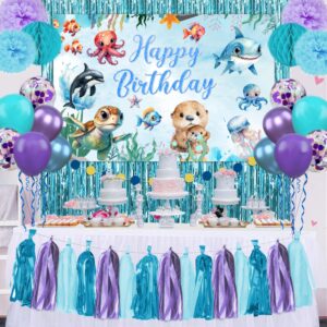 gpwxyyy under the sea birthday party decorations, 48pcs turtle theme party decorations include backdrop banner pom poms tassel curtains balloons for ocean birthday party decor