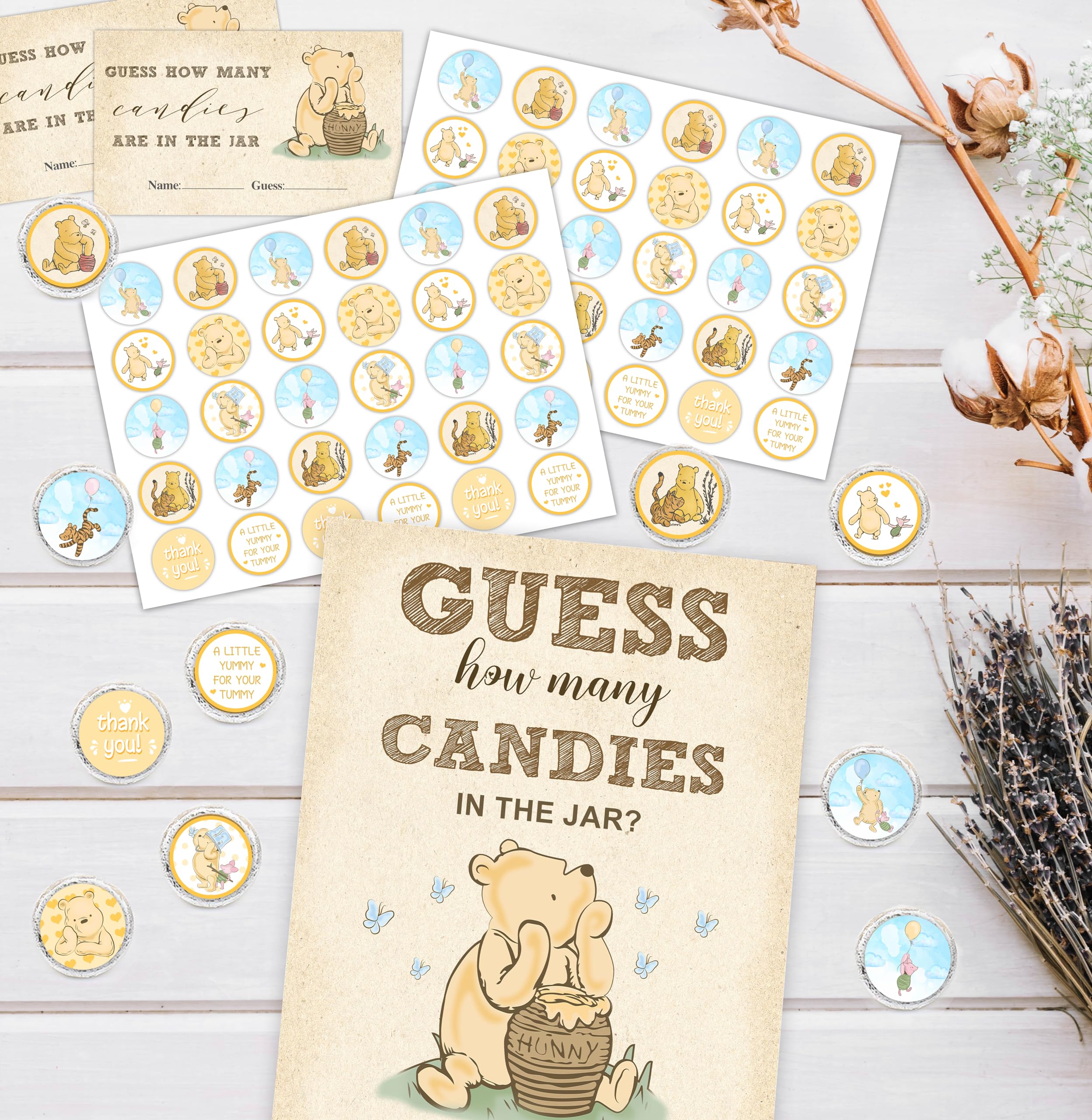 Winnie Guess How Many Candies Baby Shower Games, How Many Candies Standing Sign 50 Guessing Cards 180 Baby Shower Winnie Candies Stickers, Guess How Many Candies Winnie the Pooh Baby Shower Games