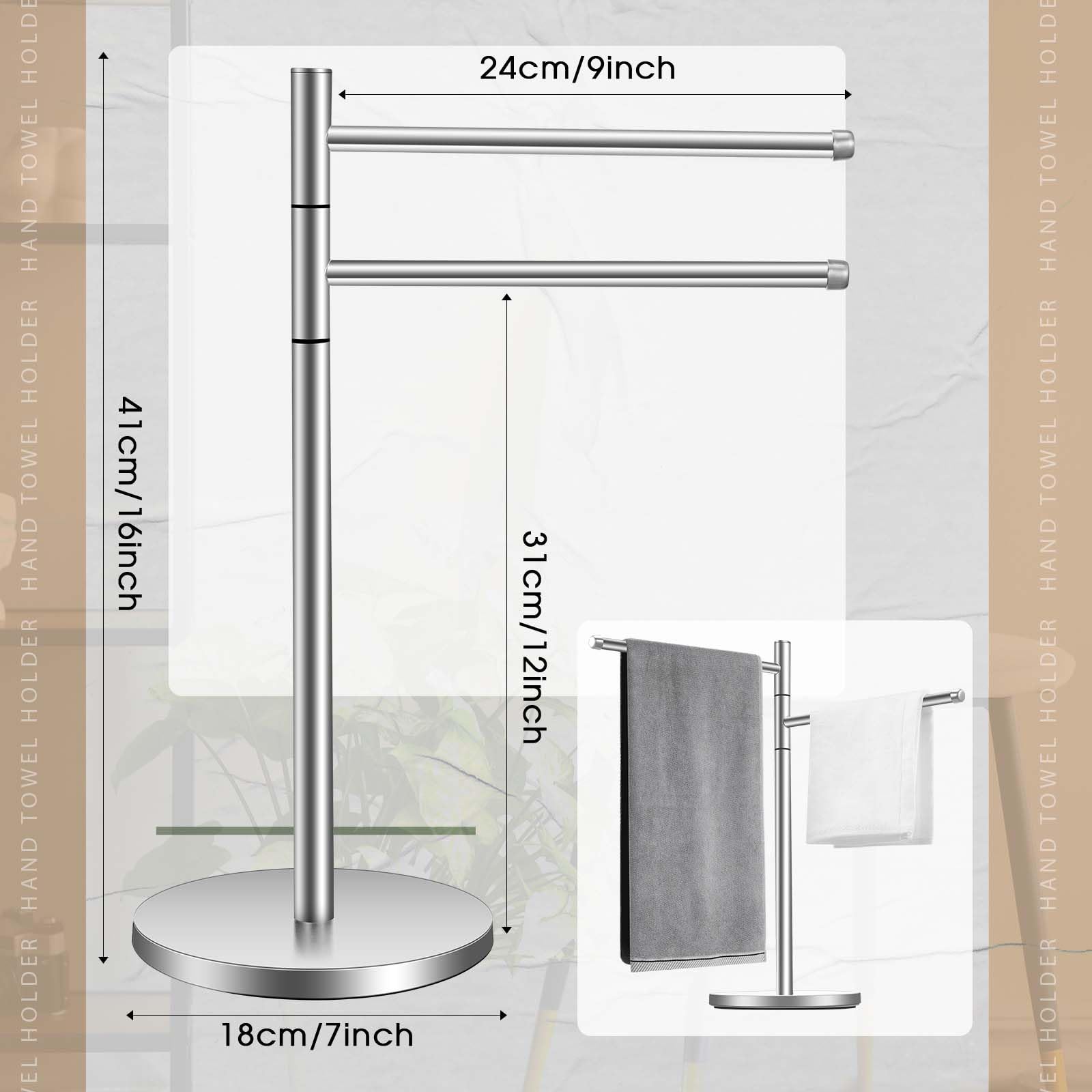 Juexica Stainless Steel Hand Towel Holder Stand F Shape Freestanding Towel Rack with Base Towel Hanger Stand 2 Swivel Arms Free Standing Towel Bar for Bathroom Kitchen Countertop