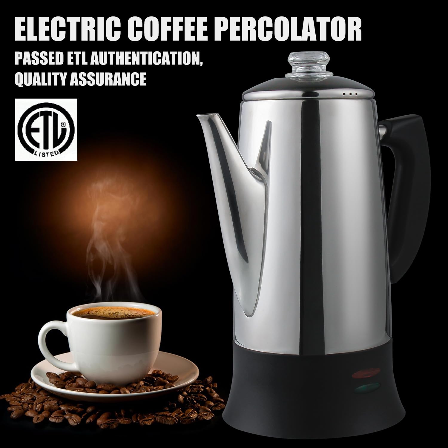 APOXCON Electric Coffee Percolator ETL Approved 12 Cup Stainless Steel Coffee Maker with Heat Resistant Tough Tempered Borosilicate Glass Knob Automatic Keep Warm & Cordless Serving Classic Coffee Pot