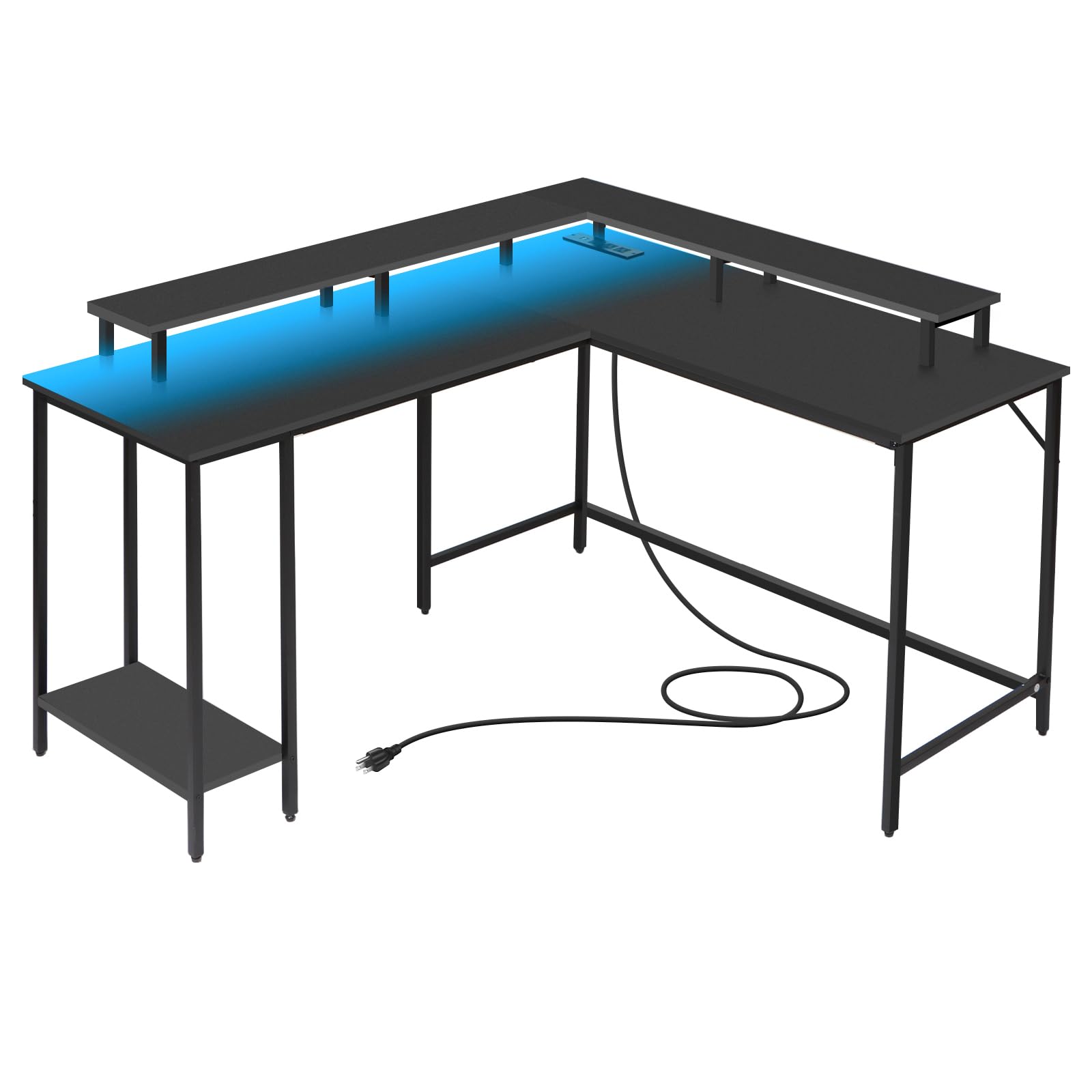 Panana 53.5" L Shaped Computer Desk Gaming Desk with LED Lights and Power Outlets, Reversible L Shaped Corner Desk with Monitor Stand, Home Office Desk with Shelf and USB Port (Black)