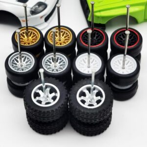 1/64 wheels and tires kit to upgrade mainline diecast model cars, premium car culture real riders series, abs and rubber material detail-up accessories 4 standard 0.43in and 1 off-road 0.55in in a box