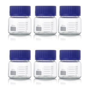 paalee 6 pack graduated round reagent bottle set, wide mouth borosilicate glass lab media storage with gl80 blue polypropylene screw caps, leakproof and autoclavable (250ml)