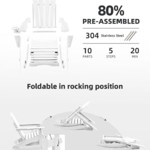 Serique Folding Adirondack Rocking Chair,4-in-1 Multifunctional Patio Chair with Retractable Ottoman, Outdoor Chair Wood Texture, Lawn Chair for Porch, Backyard, Pool(White)