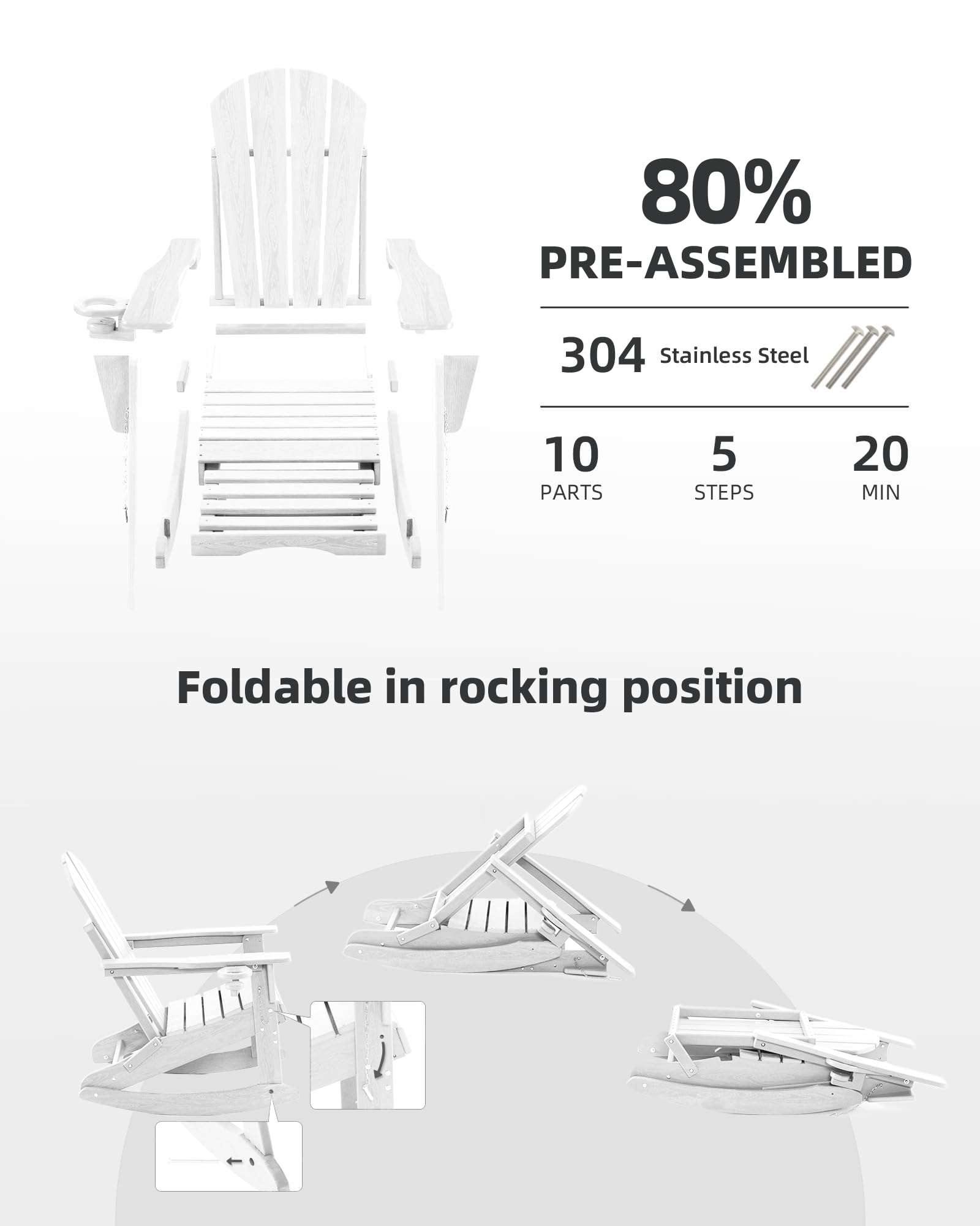 Serique Folding Adirondack Rocking Chair,4-in-1 Multifunctional Patio Chair with Retractable Ottoman, Outdoor Chair Wood Texture, Lawn Chair for Porch, Backyard, Pool(White)