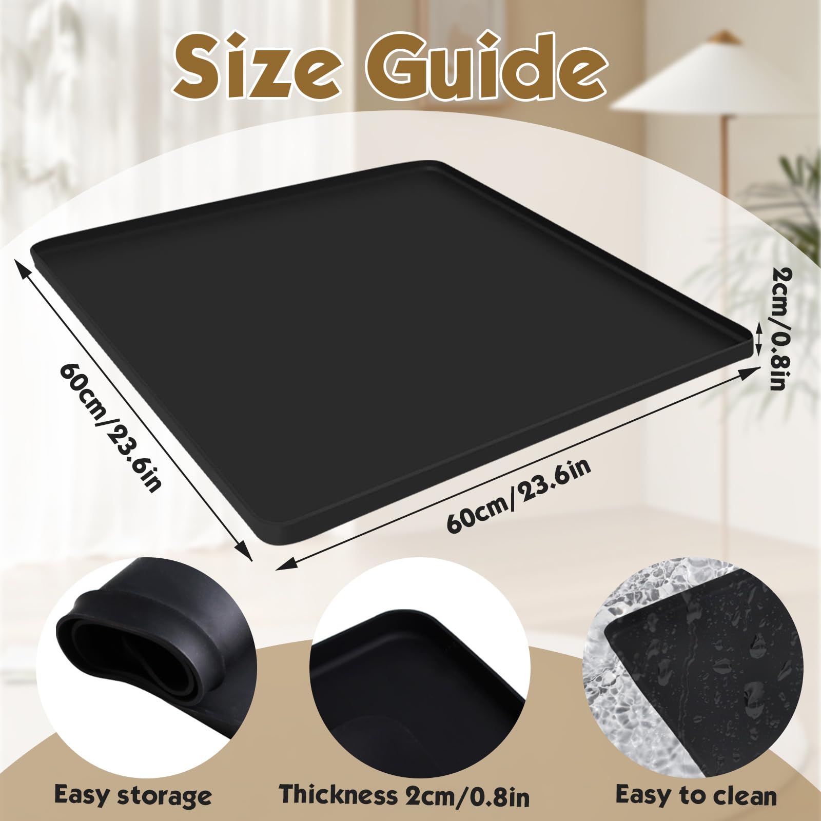 Mini Fridge Silicone Drip Mat with Raised Edges, 23.6" x 23.6" x 0.8" Silicone Floor Protectors for Mini Refrigerator Freezer, Wine Cabinet, Dishwashers, dryers and Other Appliances (Black)