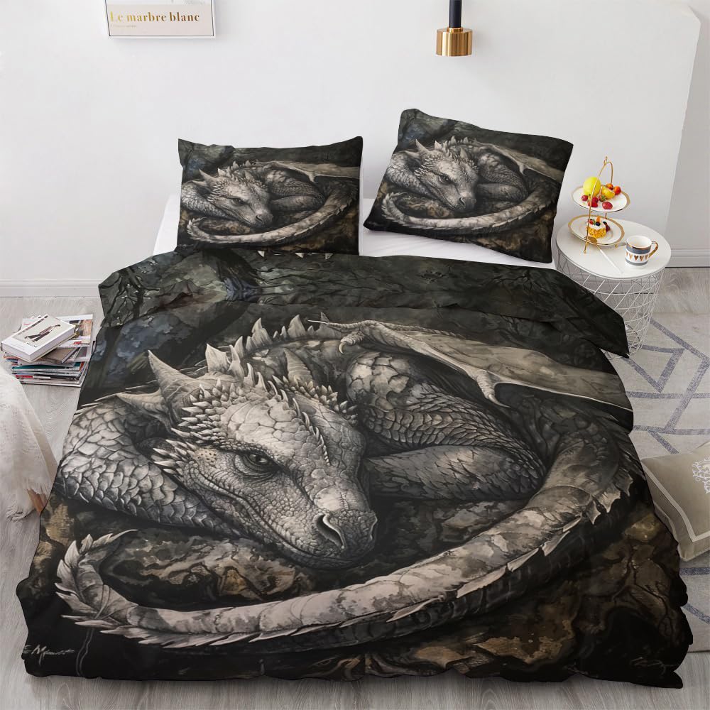 OmErsa Dragon Duvet Cover King Size Bedding Set 3 PCS, Fantasy Comforter Cover & 2 Pillowcases Soft Microfiber Patterned Bedroom Decorations for Adults Teens