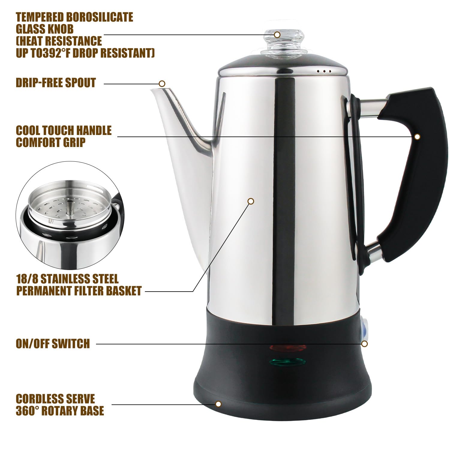 APOXCON Electric Coffee Percolator ETL Approved 12 Cup Stainless Steel Coffee Maker with Heat Resistant Tough Tempered Borosilicate Glass Knob Automatic Keep Warm & Cordless Serving Classic Coffee Pot