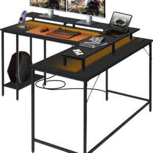 Panana 53.5" L Shaped Computer Desk Gaming Desk with LED Lights and Power Outlets, Reversible L Shaped Corner Desk with Monitor Stand, Home Office Desk with Shelf and USB Port (Black)