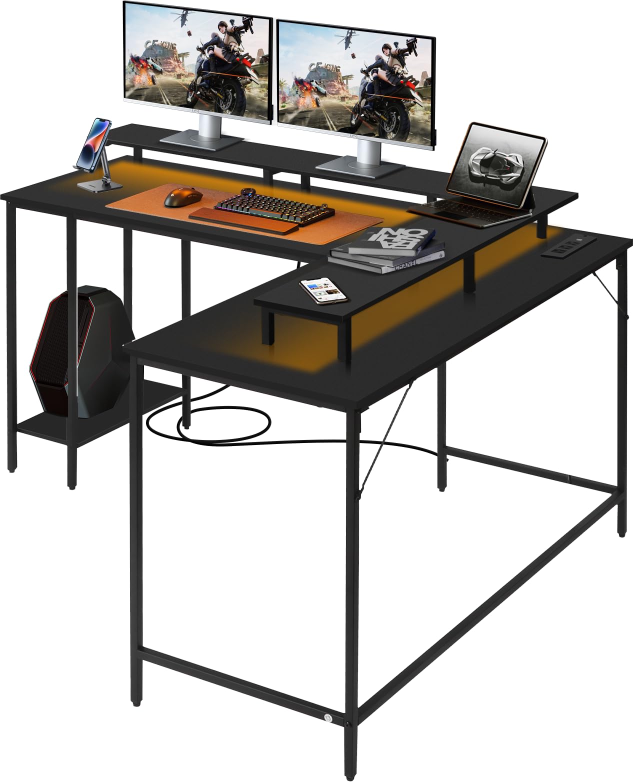 Panana 53.5" L Shaped Computer Desk Gaming Desk with LED Lights and Power Outlets, Reversible L Shaped Corner Desk with Monitor Stand, Home Office Desk with Shelf and USB Port (Black)