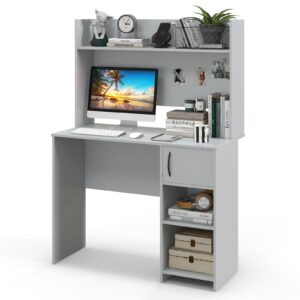 tangkula computer desk with hutch, home office desk with raised display shelf & 2 open shelves, cabinet with door, cable management holes, modern laptop pc desk, study writing desk for bedroom (gray)