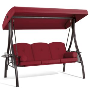 homrest 3 seat outdoor porch swing,adjustable canopy porch swings,outdoor swing with stand, patio glider chair with thicken cushions,pillow & cup holder(wine red)