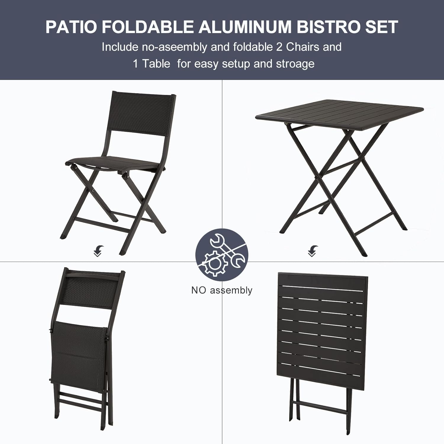 RICNOD Textilene Folable Patio Bistro Set, Padded Aluminum Rustproof Outdoor Seating Set with Table and 2 Chairs, for Porch, Garden, Backyard, Dark Grey