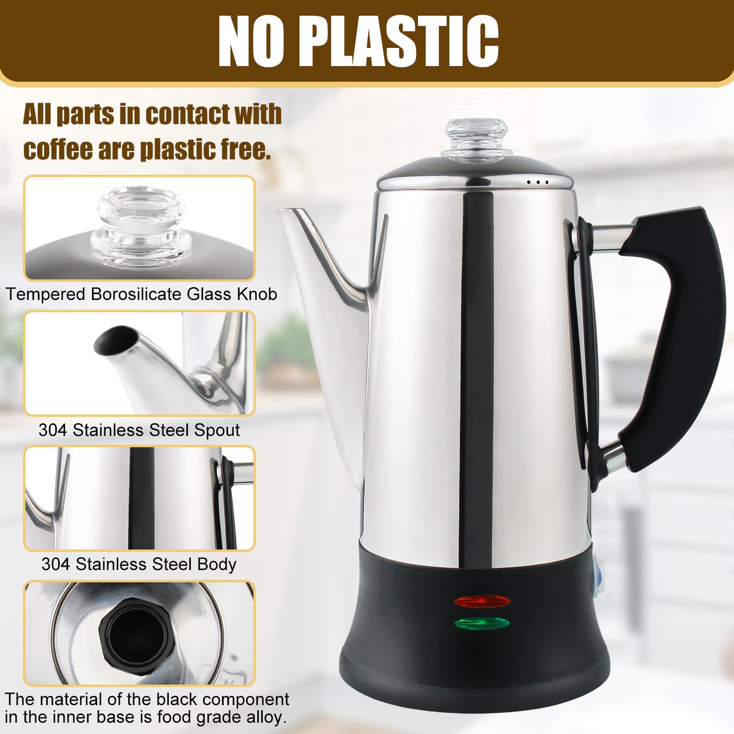 APOXCON Electric Coffee Percolator ETL Approved 12 Cup Stainless Steel Coffee Maker with Heat Resistant Tough Tempered Borosilicate Glass Knob Automatic Keep Warm & Cordless Serving Classic Coffee Pot