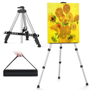 art painting easel stand - portable adjustable display artist tripod metal easel with 1 bag for tabletop/floor painting, height from 17 to 66 inches, sturdy for drawing, displaying - silver