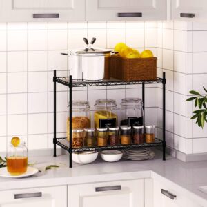 Best 2-Tier Wire Shelving - Black - Lightweight Mini Seasoning Shelf - Kitchen Storage Shelves, Unit with Storage Rack Corner Shelf Shelving Adjustable Storage Shelf, 11.8 "D x 15.7" W x 17.7 "H