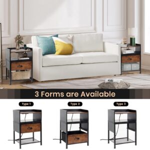 TooCust Tall End Table with Charging Station-Raised Baffle Design on The Top,12" W×16" D×24" H,3-Tier Rustic Nightstand with Drawer, End Tables with USB Ports and Outlet, Vintage Bedside Table