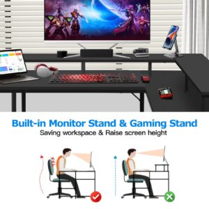 Panana 53.5" L Shaped Computer Desk Gaming Desk with LED Lights and Power Outlets, Reversible L Shaped Corner Desk with Monitor Stand, Home Office Desk with Shelf and USB Port (Black)