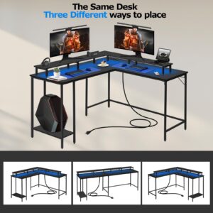 Panana 53.5" L Shaped Computer Desk Gaming Desk with LED Lights and Power Outlets, Reversible L Shaped Corner Desk with Monitor Stand, Home Office Desk with Shelf and USB Port (Black)