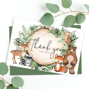 jarthenaamcs 50 packs woodland thank you cards woodland animal watercolor greeting cards boxed with envelopes and stickers forest creature blank note cards for baby shower birthday party