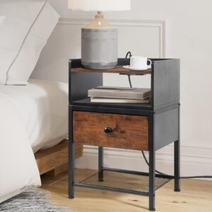 TooCust Tall End Table with Charging Station-Raised Baffle Design on The Top,12" W×16" D×24" H,3-Tier Rustic Nightstand with Drawer, End Tables with USB Ports and Outlet, Vintage Bedside Table