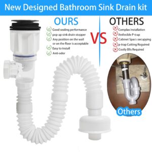 Bathroom Sink Drain Pipe Kit,Bathroom Sink Drain with Strainer Basket Hair Catcher and pop-up Stopper Flexible Sink Drain Pipe P-Trap，Suitable for drains Including for 1-1/4'' & 1-1/2''，RuQiankun