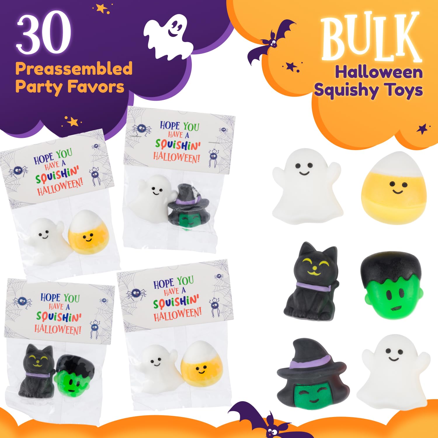 30 Pack Halloween Squishes, Halloween Party Favors, Halloween Classroom Favors, Squishy Toys, Goodie Bag Fillers, Bulk School for Kids, Halloween Treats Non Candy, Teal Pumpkin Project