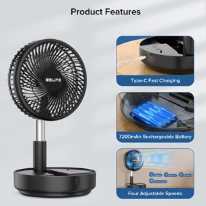 Belife X8 Portable Fan, Cordless 7200mAh Battery Operated Oscillating Fan, USB Rechargeable Desk Floor Fan with Remote, Foldable Telescopic Fan for Home Bedroom Sleeping Office Camping Travel (Black)