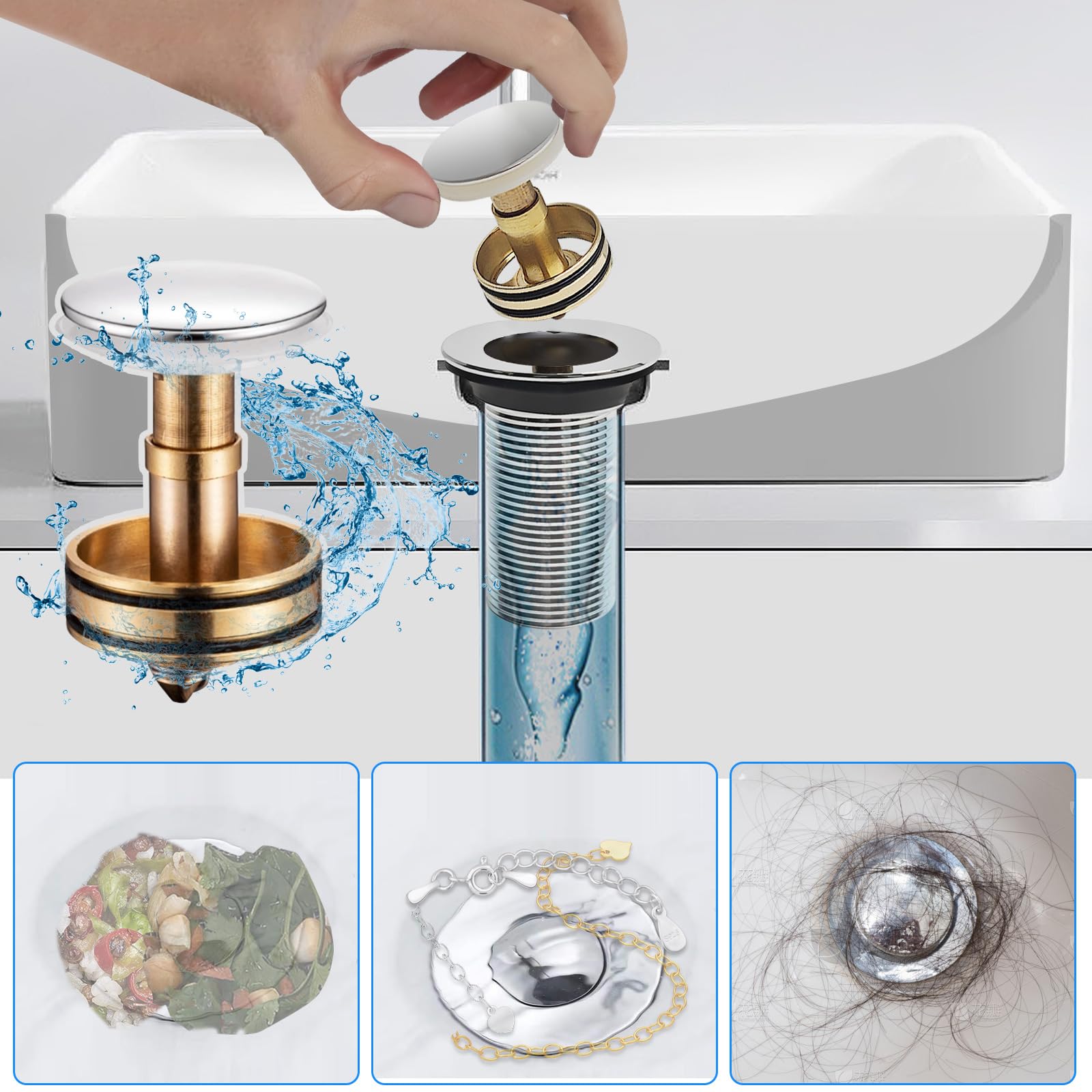 Bathroom Sink Drain Pipe Kit,Bathroom Sink Drain with Strainer Basket Hair Catcher and pop-up Stopper Flexible Sink Drain Pipe P-Trap，Suitable for drains Including for 1-1/4'' & 1-1/2''，RuQiankun